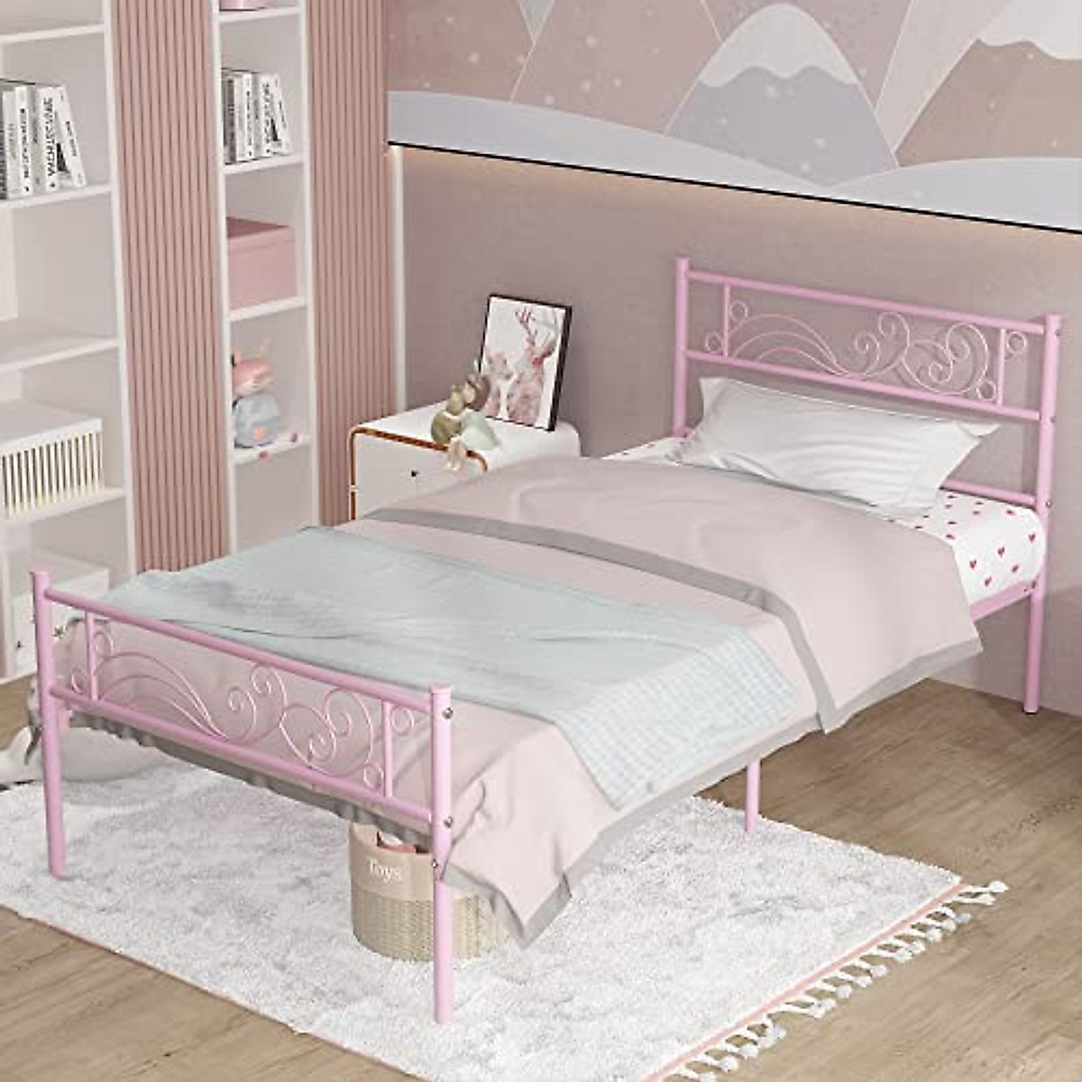 Weehom Twin Bed Frames Metal Platform Heavy Duty Steel Slat Under Bed Storage for Kids Pink