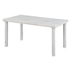 Penifun 6 Pieces Set, Rectangular Marble Veneer Table and 4 Flannelette Upholstered Dining Chairs & Bench, Kitchen Living Room Furniture Elegant Style,White+Gray