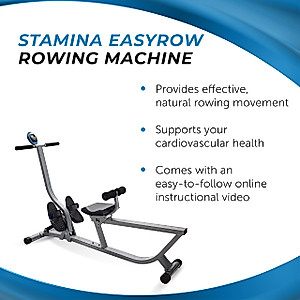 Stamina Easyrow Hydraulic Rower Machine with Smart Workout App - Rowing Machine with Adjustable Resistance for Home Gym Fitness - Up to 300 lbs Weight Capacity