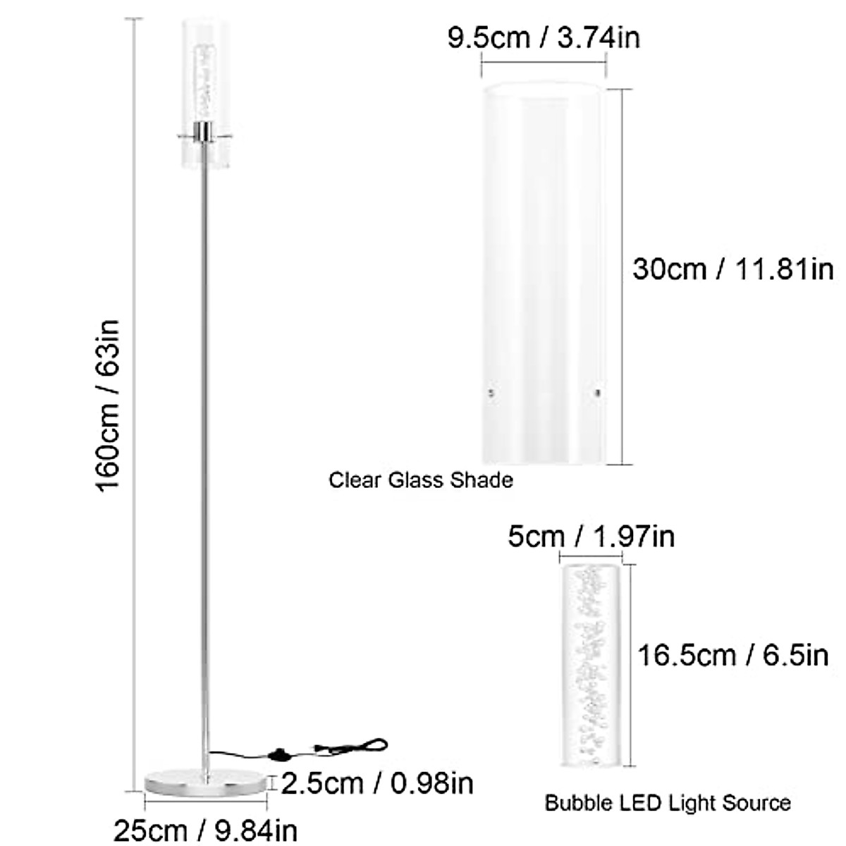 Ralbay Chrome Floor Lamp, Glass LED Floor Lamp Chrome Tall Floor Lamp,Modern Torchiere LED Floor Lamp,Chrome Glass Floor Lamp for Living Room, Silver Slender Glass Standing Lamp for Bedroom