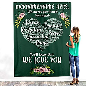 Personalized Custom Kids Grandkids Names for Dad Mom Grandma Nana Grandpa Nana Customized Christmas Holiday Fleece Sherpa Blanket Bed Throw Tapestry Wall Hanging (Green - Touch Heart, Fleece - 50x60)