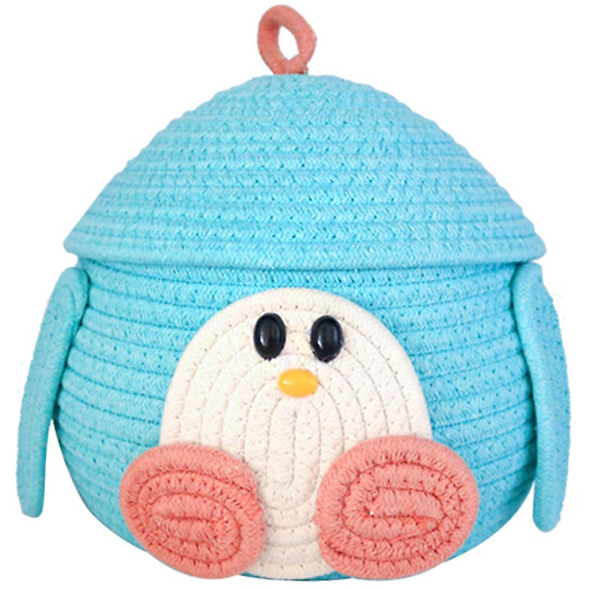 JARPSIRY Small Round Cotton Rope Woven Storage Basket with Lid, Cute Cartoon Animal Shaped Decorative Storage Bin Box, Caddy Organizer, Container for Snacks and Toys (Penguin)