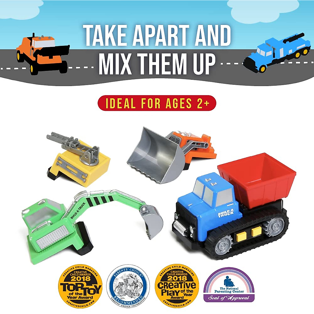 POPULAR PLAYTHINGS Magnetic Build-a-Truck Construction Set of 4 Construction Vehicles with Real Construction Site Sounds