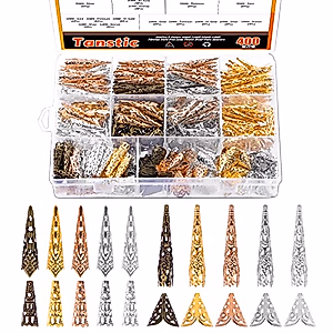 Tanstic 400Pcs 41mm 35mm 22mm 16mm 5 Colors Tibetan Iron Long Flower Bead Caps, Long Filigree Flower Spacer Bead Caps for Jewelry Craft Bracelet Necklace DIY Making