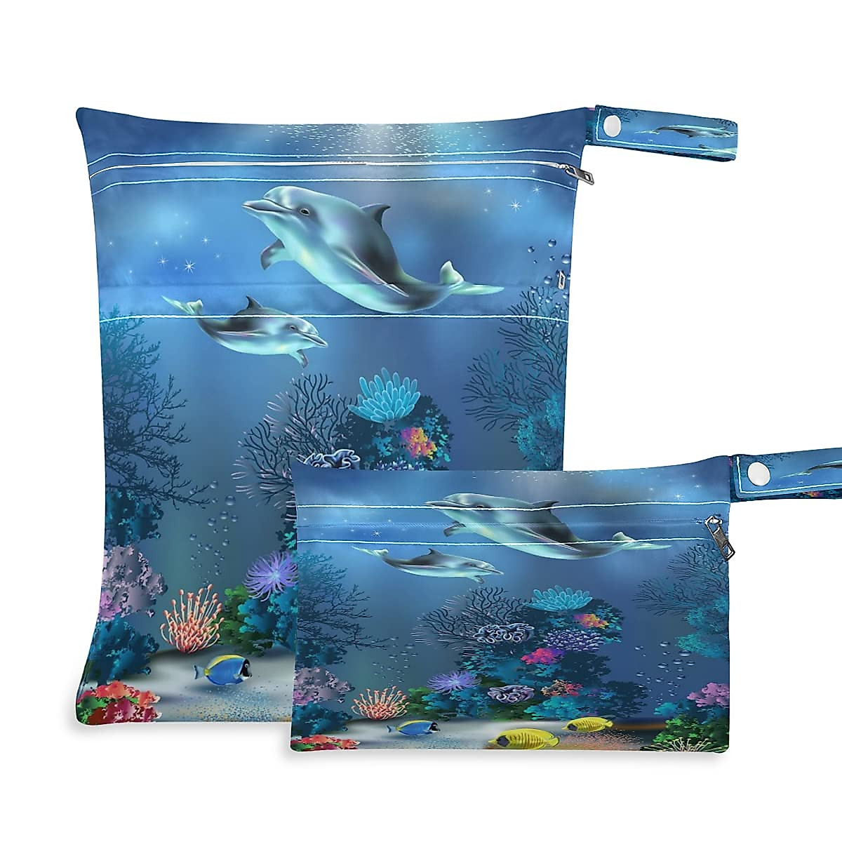 2pcs Underwater Dolphins Cloth Diaper Wet Dry Bag Waterproof Reusable Wet Dry Organizer,Sea Fishes Coral Washable Wet Bag with Two Zippered Pockets for Travel Beach Gym Swimsuits Toiletries