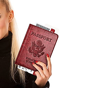 Passport and Vaccine Card Holder Combo with Vaccine Card Slot, Passport Wallet/ Cover/Case/Holder for Women and Men（AC-Wine red）