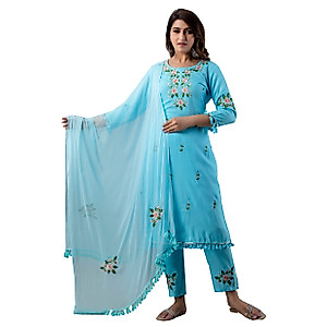 JG Women's Ethnic Wear Collection Rayon Straight Embridered Kurti & Pant Set With Dupatta Readymade Salwar Suit For Women Casual Wear(Blue-XX-Large Size)