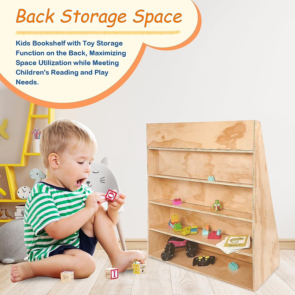 Tongmo Single-Sided Kids Bookshelf: 5 Tier Montessori Bookshelf Wood Classroom Bookcase for Kids Library with Back Storage (Natural, Large)