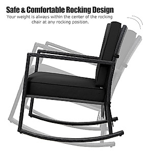 Tangkula Wicker Rocking Chair, Outdoor Glider Rattan Rocker Chair with Heavy-Duty Steel Frame, Patio Wicker Furniture Seat with 5” Thick Cushion for Garden, Porch, Backyard, Poolside (1, Black)