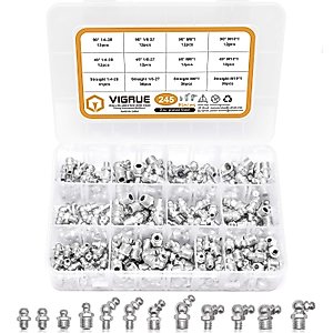 VIGRUE Grease Fittings, 245 Pieces SAE & Metric Grease Fitting Assortment Kit, Standard Grease Fittings Grease Zerks, Straight and Angled Perfect for Replacing Missing or Broken Zerk Fitting