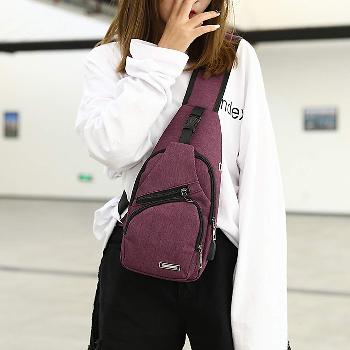 Men's Women's Sling Chest Shoulder Bag Outdoor Travel Crossbody Backpack with USB Charging Port Rose Red