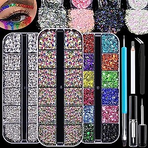 4320pcs Face Gems for Makeup with Glue, 2-5mm Colorful Beads & 2.4-6mm Round Glass Crystal AB & Clear Gems & 4 Colors Cosmetic Chunky Glitter with Dotting Tools, Eye Jewels for Body Make-up, Nail Art