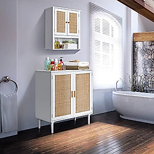 Finnhomy Bathroom Cabinet Wall Mounted, Bathroom Wall Cabinet with 2 Hand Made Rattan Doors and Adjustable Shelves, Over The Toilet Storage Cabinet, Medicine Cabinet for Bathroom Kitchen Laundry Room