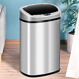 13 Gallon Touch Free Automatic Stainless Steel Trash Can Garbage Can 50L Metal Trash Bin with Lid for Kitchen Living Room Office Bathroom ,Silver