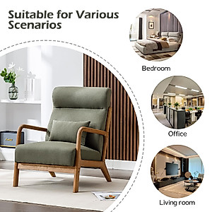 INZOY Mid Century Modern Accent Chair with High Back, Upholstered Living Room Chairs with Waist Cushion, Wood Frame Reading Armchair for Bedroom Sunroom, Green