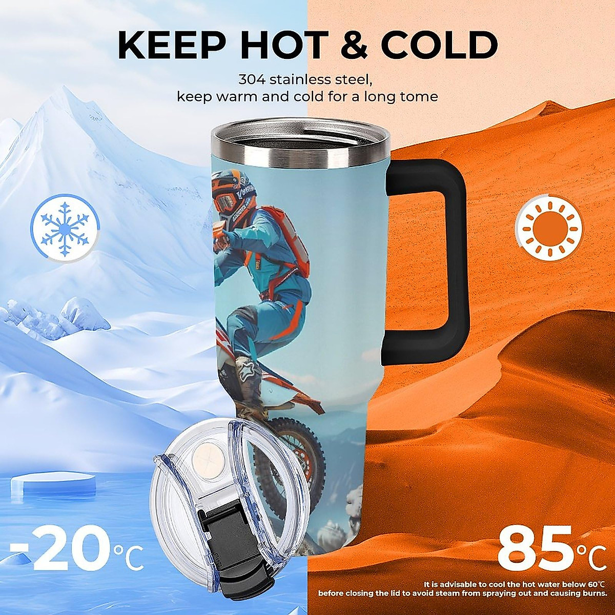 Motocross Dirt Bike Insulated Tumbler with Handle Stainless Steel Travel Coffee Mug with Lid And Straw 40oz