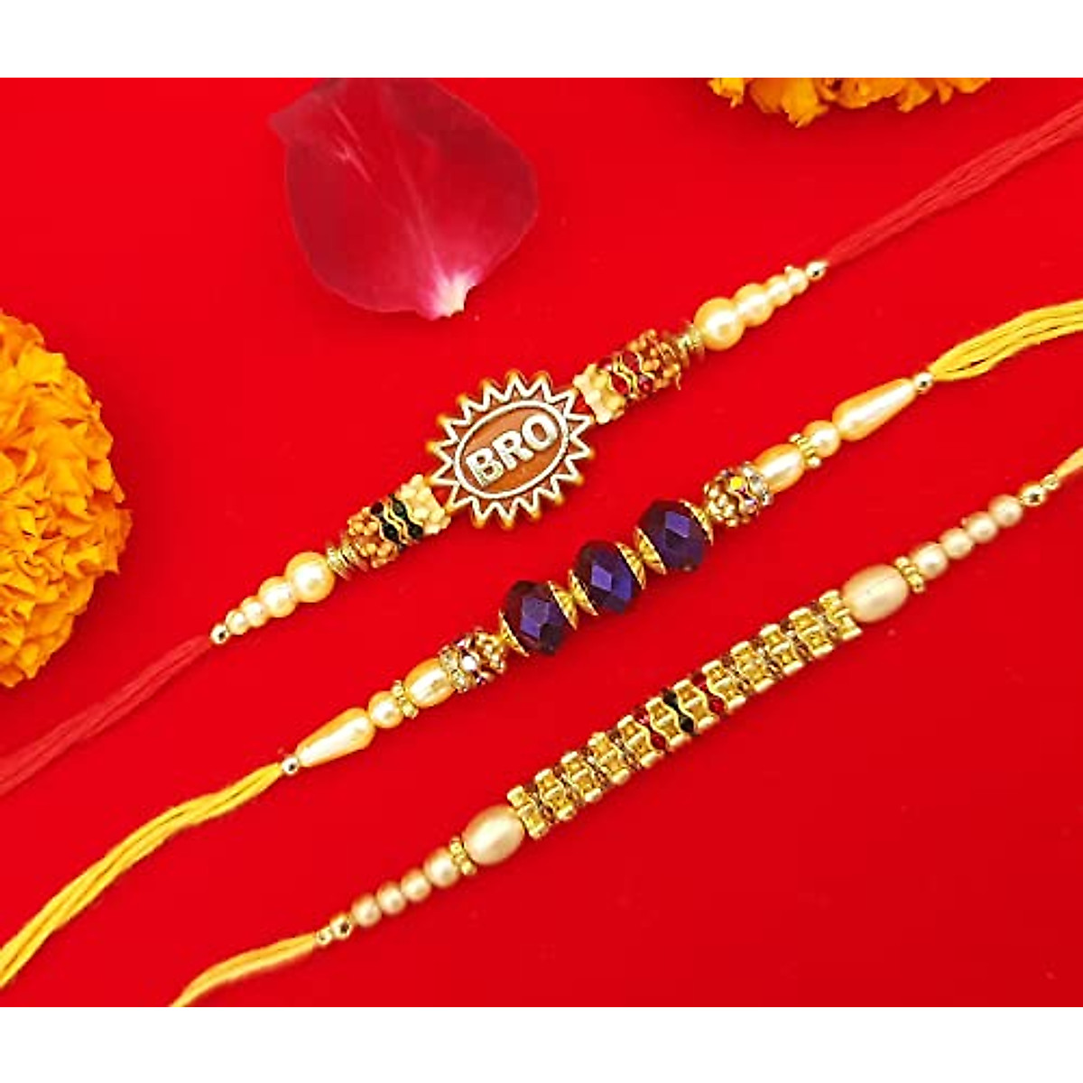 Palak Global Rakhi Bracelet for brother, Unique Design Bhabhi, Sister, Father and celebration with Family, Raksha Bandhan holy Rakhi. (Rakhi Bro Stone - Set of 3, Small) (PLK12)