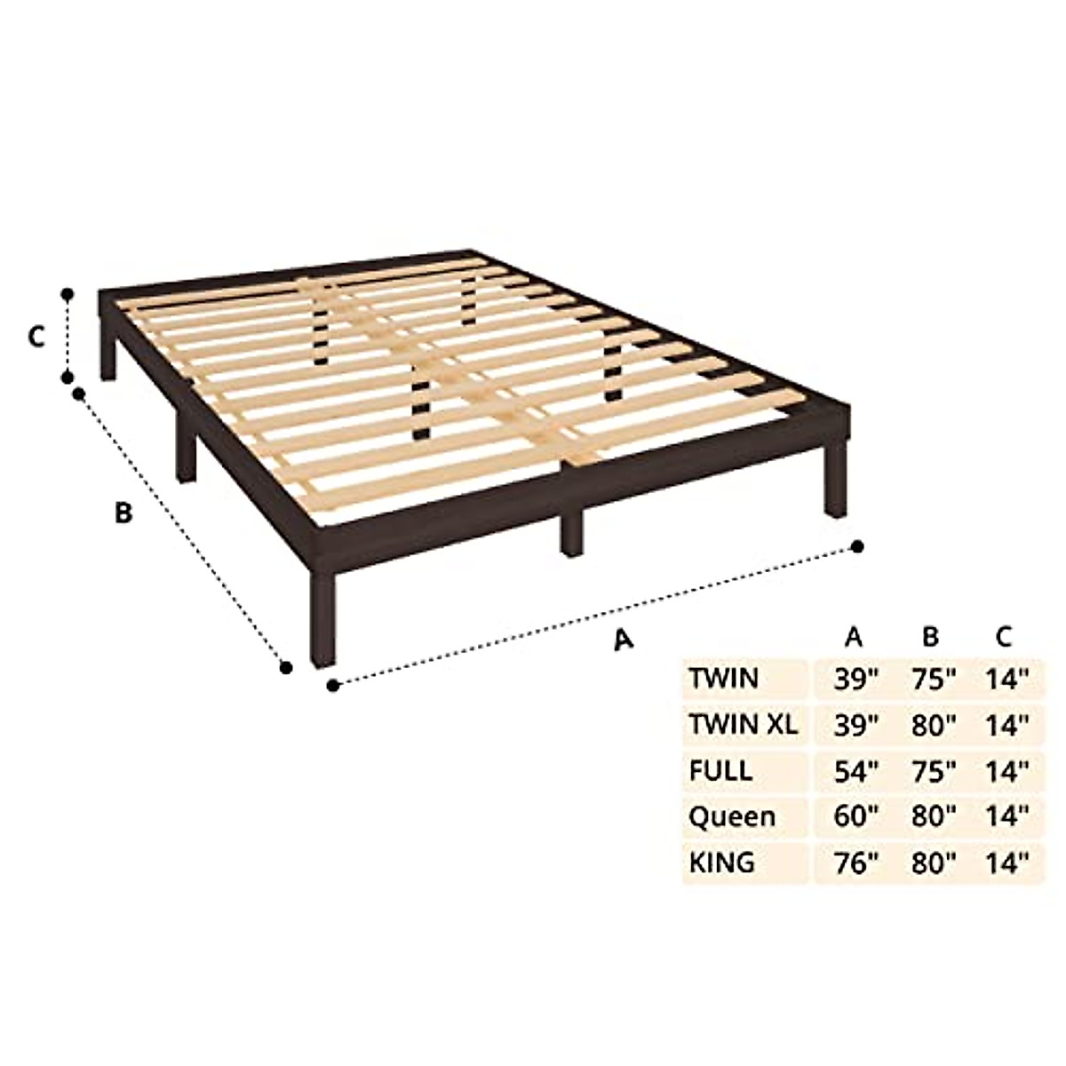 Naomi Home Lucia 14 Inch Solid Wood Platform Bed Full Bed Frame, Pine Wood Full Platform Bed Frame, No Squeak Bed Frame, Bed Frame Full Size, No Box Spring Needed, Sturdy Bed Frame - Espresso