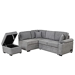 Polibi 5-Seat Sleeper Sofa Bed with Storage Ottoman, USB Charging Ports, Cup Holder on Armrest and 2 Pillows, L-Shape Convertible Pull-Out Sofa Upholstered Couch for Living Room, Grey