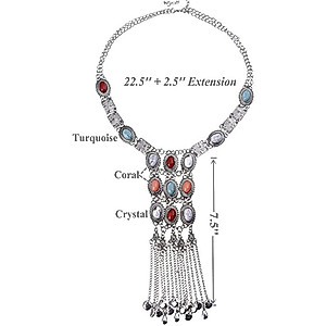 Tpocean Vintage Retro Rhinestone Silver Gold Turquoise Long Boho Bohemian Statement Ethnic Tribal Necklace for Women