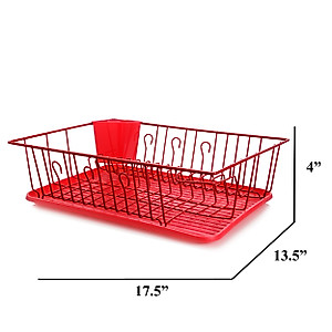Mega Chef Dish Rack with 14 Plate Positioners and A Detachable Utensil Holder, Red