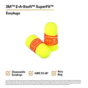 3M Ear Plugs, 200 Pairs/Box, E-A-Rsoft SuperFit 312-1256, Uncorded, Disposable, Foam, NRR 33, Drilling, Grinding, Machining, Sawing, Sanding, Welding, 1 Pair/Poly Bag,Yellow