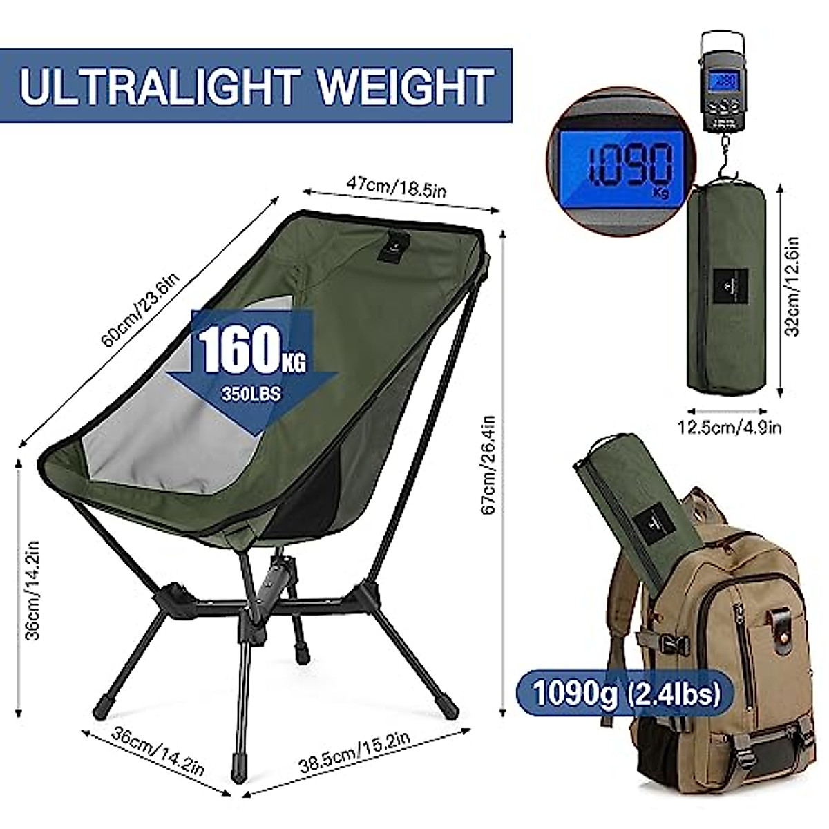 TOMSHOO Portable Camping Chairs Lightweight Folding Chair Outside, Compact Beach Chairs for Adults Adjustable Height Foldable Chair for Backpacking, Travel, Hiking, Fishing, Supports 350 Lbs