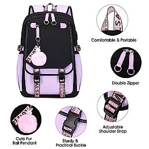 Bevalsa School Backpack for Girls, Girls Backpack with Lunch Box, Bookbag for Girls Kids Elementary Middle High School College Student 21L Casual Daypack Children Schoolbag with USB Charging Port (Purple)