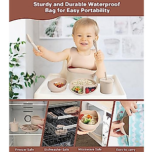 ECLIP Silicone Baby Feeding Set, 10 Pcs Baby Led Weaning Supplies with Suction Bowl Divided Plate Adjustable Bib Soft Spoon Fork Snack Cup with Lid Drinking Cup, Utensil (Beige)