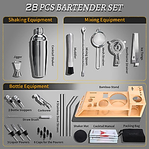 28Pcs Cocktail Shaker Set Bartender Kit with Bamboo Stand, Stainless Steel Martini Shaker and Jigger, Bartending Bar Tool Set with Velvet Carry Bag & Recipe Book for Drink Mixing, Home, Bar, Party
