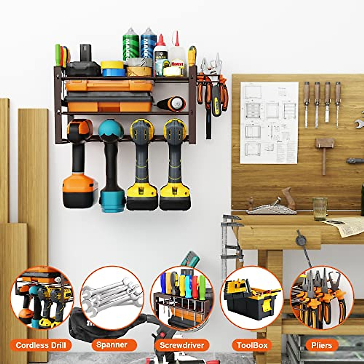 Power Tool Organizer, Heavy Duty Floating Tool Shelf, 3 Layers Metal Power Tool Holder Organization Garage Wall Mounted Utility Storage Rack for Cordless Drill Charging Station Screwdriver, Brown