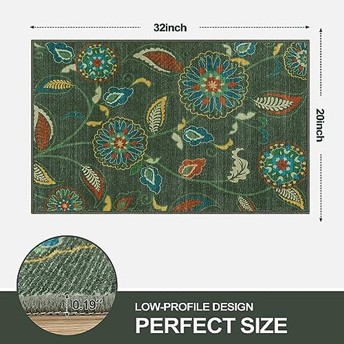 KIMODE Floral Indoor Door Mat 20''x32'', Green Washable Small Rugs for Entryway,Low-Pile Modern Abstract Doormat Indoor,Non-Slip Leaf Throw Rug Floor Carpet for Kitchen/Entrance