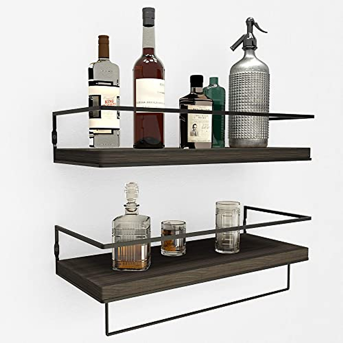 ZGO Floating Shelves for Wall Set of 2, Wall Mounted Storage Shelves with Metal Frame and Towel Rack for Bathroom, Kitchen, Bedroom