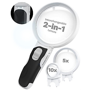 iMagniphy Powerful Magnifying Glass with Light- Senior Citizen Gifts- 5X & 10X Handheld Magnifying Glass with 2 Interchangeable Lenses- Lighted Magnifier for Seniors with Macular Degeneration