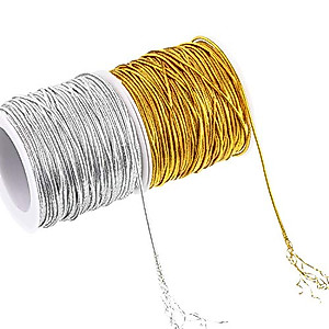 2 Rolls Metallic Elastic Cords Stretch Cord Ribbon Metallic Tinsel Cord Rope for Craft Making Gift Wrapping, 1 mm 55 Yards (Gold and Silver)
