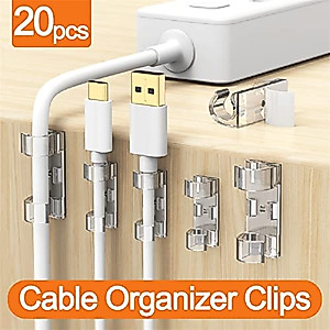 20pcs Adhesive Cable Clips Clear Wire Holders Cord Clips for Wall, Strong Cord Organizer Cable Management Under Desk, Car, Christmas Light Clips Indoor & Outdoor Stick