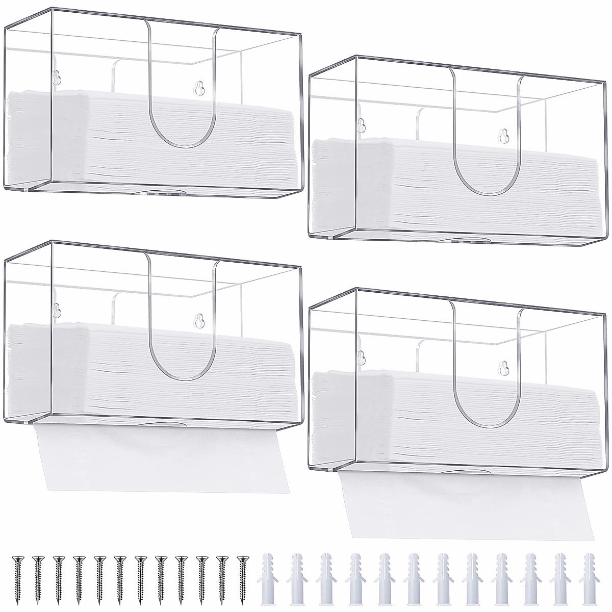 Potchen Acrylic Paper Towel Dispenser Bathroom Holder Multifold Wall Mount with Lid Clear Guest Napkin for Toilet Kitchen Z Fold, C Fold or Multi Towels (4 Pcs)