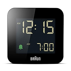 Braun Digital Travel Alarm Clock with Snooze, Compact Size, Negative LCD Display, Quick Set, Crescendo Beep Alarm in Black, Model BC08B.