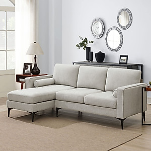 Prohon 86" L Shaped Modern Chenille Convertible Sectional Reversible Chaise Lounge and 2 Round Pillows, 4-Seat Couches Upholstered Small Space Sofas for Living Room, Apartment,Grey