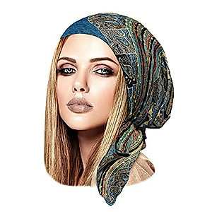 Teal Cashmere Headscarf Turquoise Headwear for Women Tichel Super Soft Headcovering Head cover Head wear Pre tied Bandana Ethnic Print Collection (Teal short - 290)
