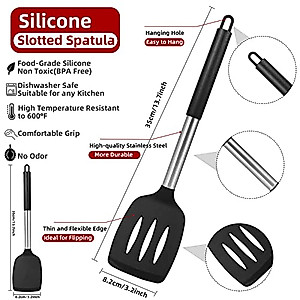 Cooptop 4-Piece Silicone Spatula Set - Silicone Slotted Turner and Solid Turner - Silicone Slotted Spoon and Solid Spoon - 600°F Heat Resistant Non-Stick Cooking Utensils (Black)