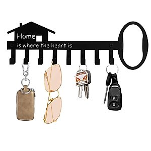 RELBRO Key Holder Wall Mount, Black Metal Key Shape Key Hanger Wall Decorative Self Adhesive Key Rack Organizer with 8 Key Hooks for Entryway Hallway Doorway Garage 2 Installation Ways