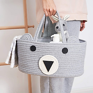 InfiBay Baby Diaper Caddy Organizer, Large Bear Cotton Rope Nursery Baby Shower Gifts, Changing Basket Table Baby Diaper Storage Portable Car Organizer, Baby Newborn Essentials-Gray