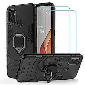 Ytaland for Oneplus Nord N100 Case,with 2 x Tempered Glass Screen Protector. (3 in 1) Shockproof Bumper Defender Protective Phone Cover with Ring Kickstand (Black)