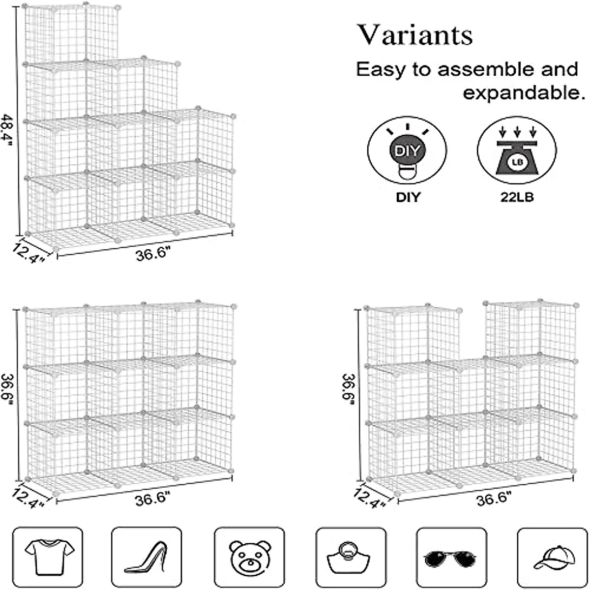 C&AHOME Wire Cube Storage, 9-Cube Organizer Metal, Wire C Grids Storage, Storage Bins Shelf, Modular Bookshelf, Closet Cabinet Ideal for Home, Living Room, Office 36.6”L x 12.4”W x 48.4”H White