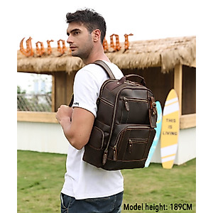 LANNSYNE Men's Vintage Full Grain Leather 15.6 Inch Laptop Backpack Camping Travel 24L Rucksack