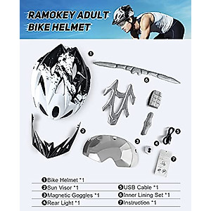 LAMONKE Bike Helmet with USB Rechargeable LED Light Detachable Goggles and Sun Visor, Mountain & Road Bicycle Helmets for Men Women Adult Cycling Helmets