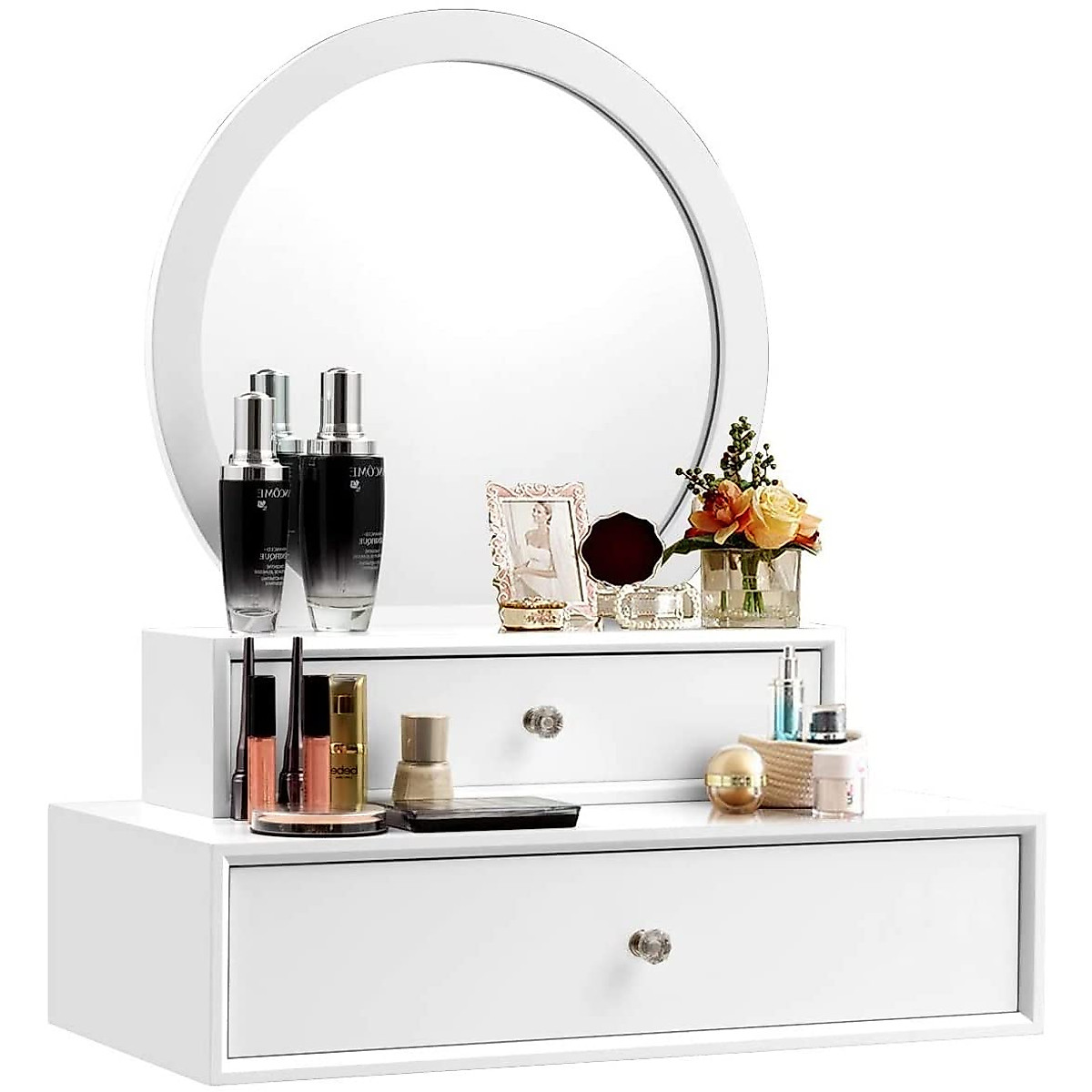 Byroce Vanity Mirror, Space-Saving Wall Mounted & Table Placed Makeup Vanity Mirror, Floating Vanity Shelves with 2 Removable Drawers for Hallway, Sink, Bathroom (White)