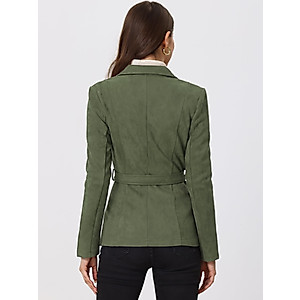 Allegra K Women's Faux Suede Blazer Belted Lapel Outwear Single Breasted Work Jacket Medium Army Green