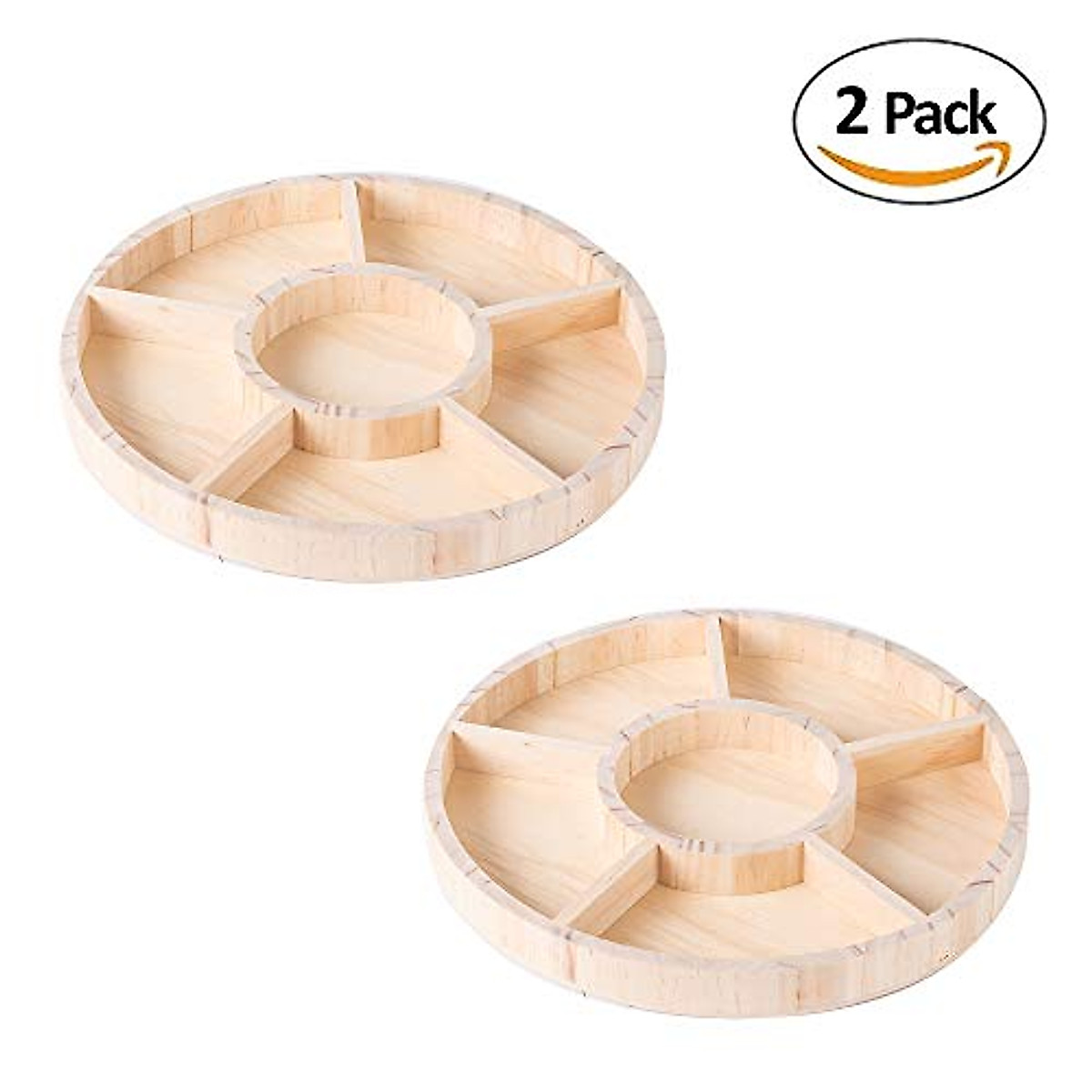 Hammont Round Shaped Wooden Tray - 2 Pack - 10”x1” - Sectioned Serving Tray with Six Unique Designed Compartments